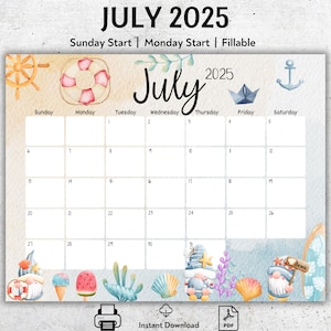 July 2025 Printable Calendar, Beach Theme Monthly Planner, Digital PDF ...