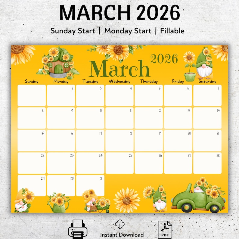 EDITABLE March 2026 Calendar, Fillable Calendar, Cute Gnomes, Happy St ...