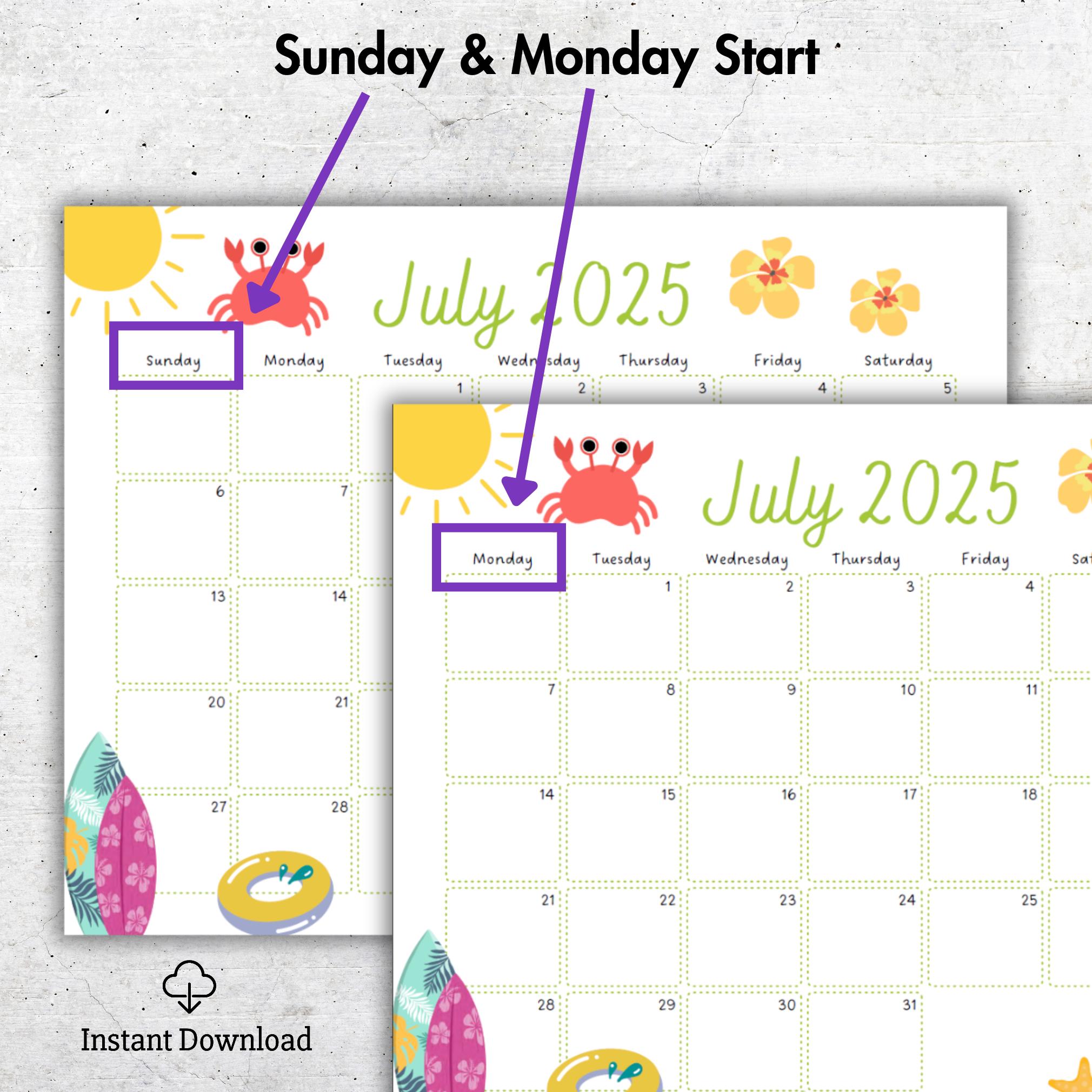 July 2025 Printable Calendar | Summer Beach Theme | Fillable PDF ...