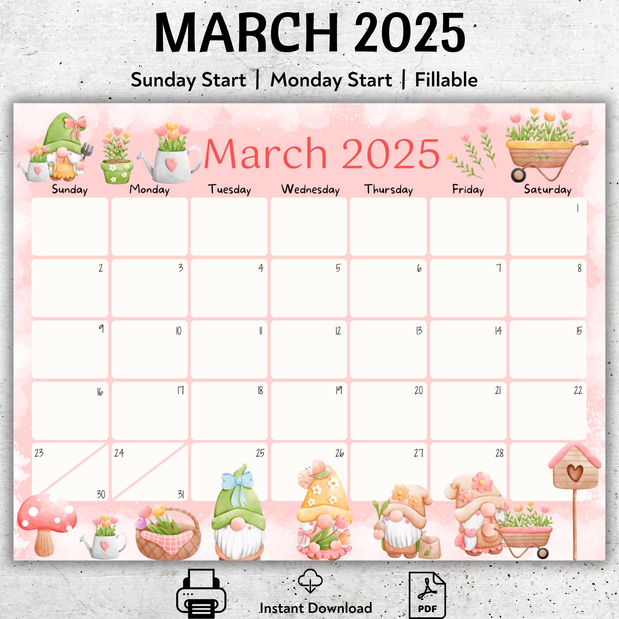 EDITABLE March 2025 Calendar, Happy St. Patrick's Day, Tulip, Gnome ...