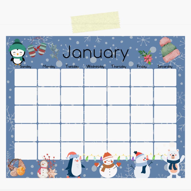 EDITABLE January Calendar, Beautiful Winter, Snowmen and Penguins ...