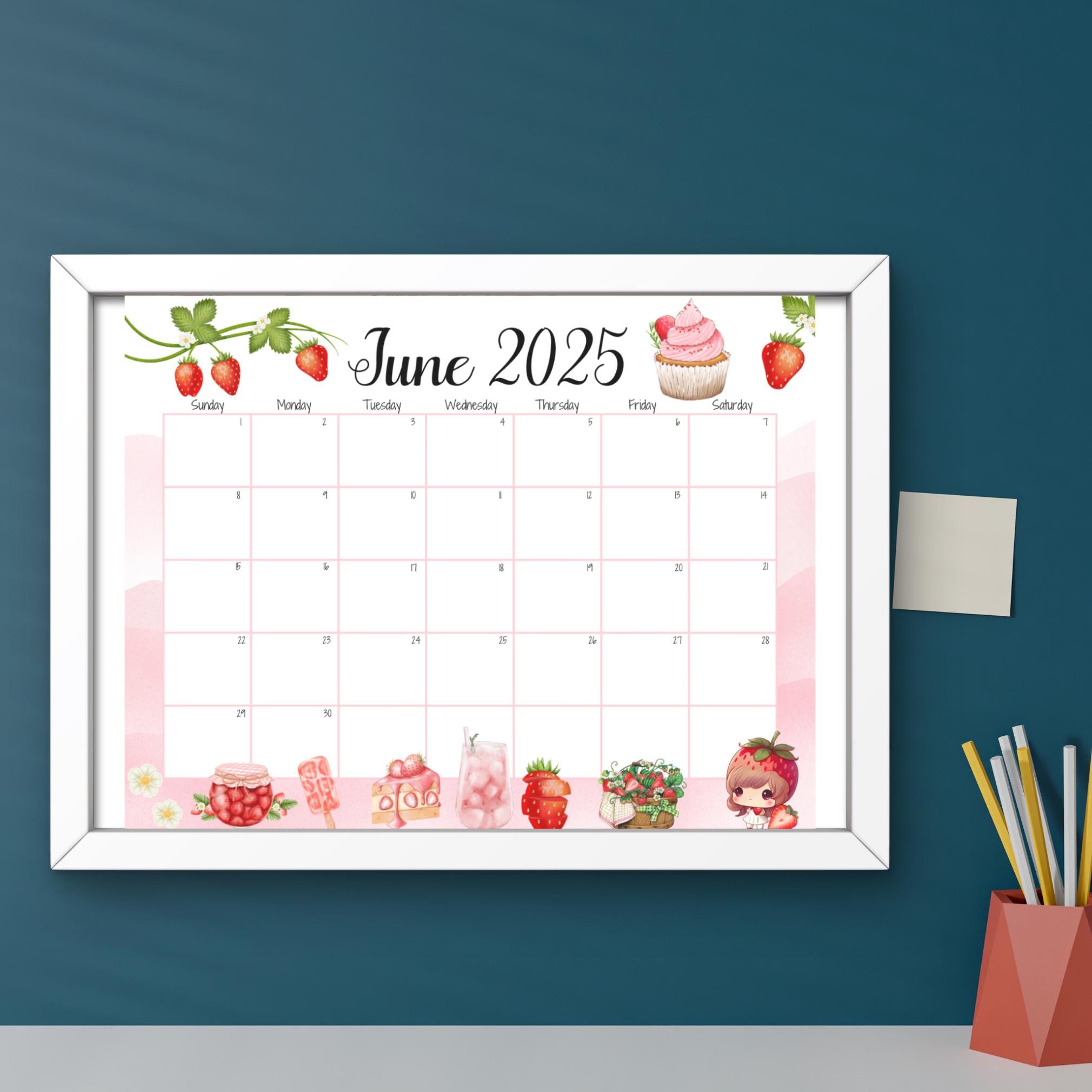 Strawberry-themed June 2025 Calendar, Printable Monthly Planner, US ...