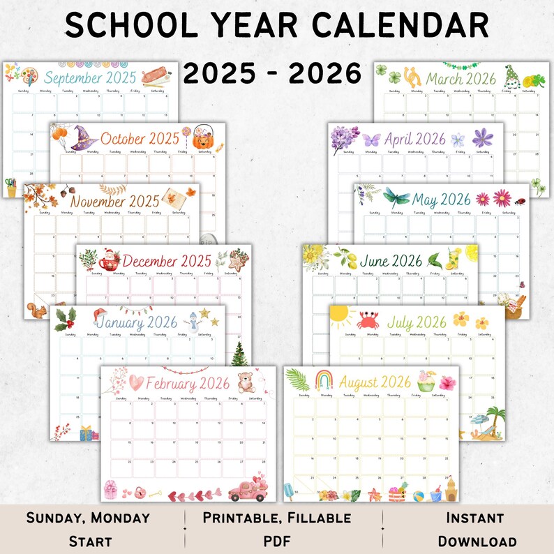 2025–2026 School Year Calendar Printable Fillable PDF | September to ...