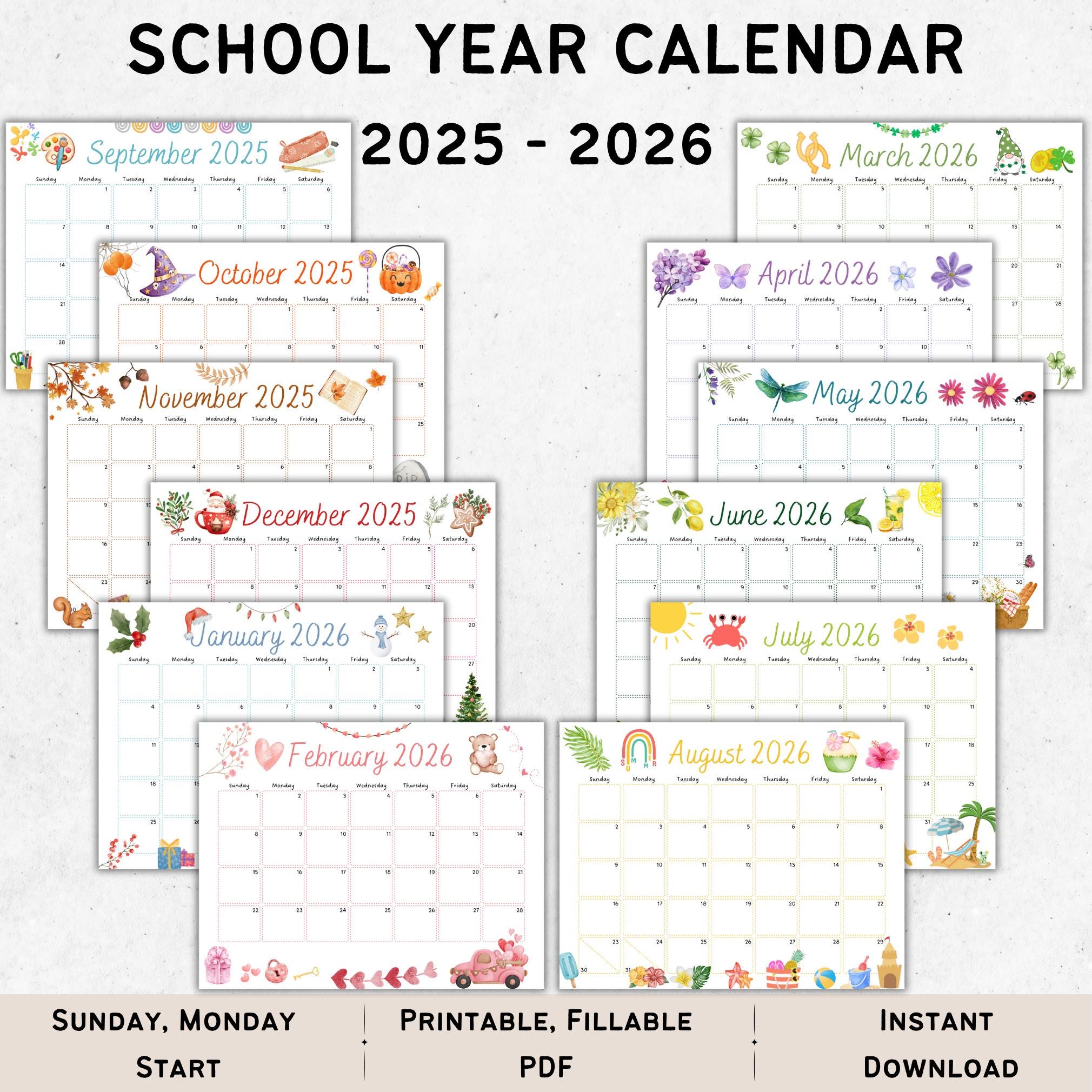 2025–2026 School Year Calendar Printable Fillable PDF | September to ...