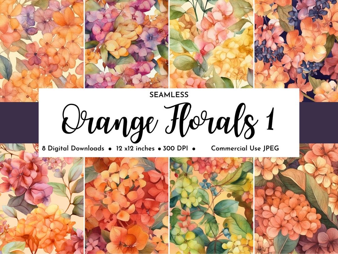 Orange Floral Watercolor Digital Paper Pack | Seamless Pattern | Flower ...