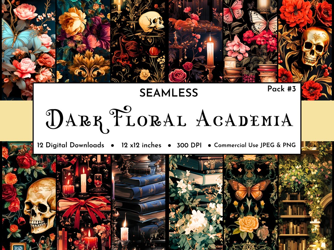 Gothic Skulls Halloween Floral Digital Paper Pack: Seamless Dark ...