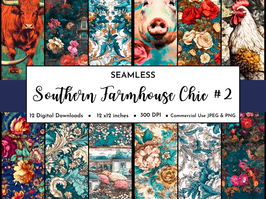 Southern Country Farmhouse Chic Digital Paper Pack #2 | Seamless Floral ...