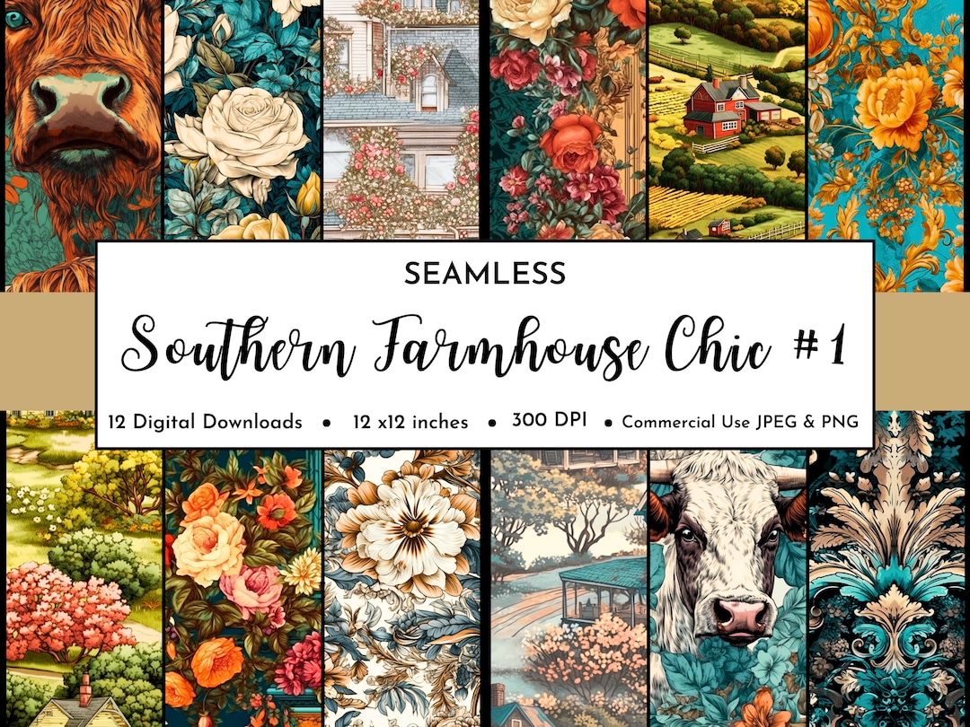 Southern Country Farmhouse Chic Digital Paper Pack #1 | Seamless Floral ...