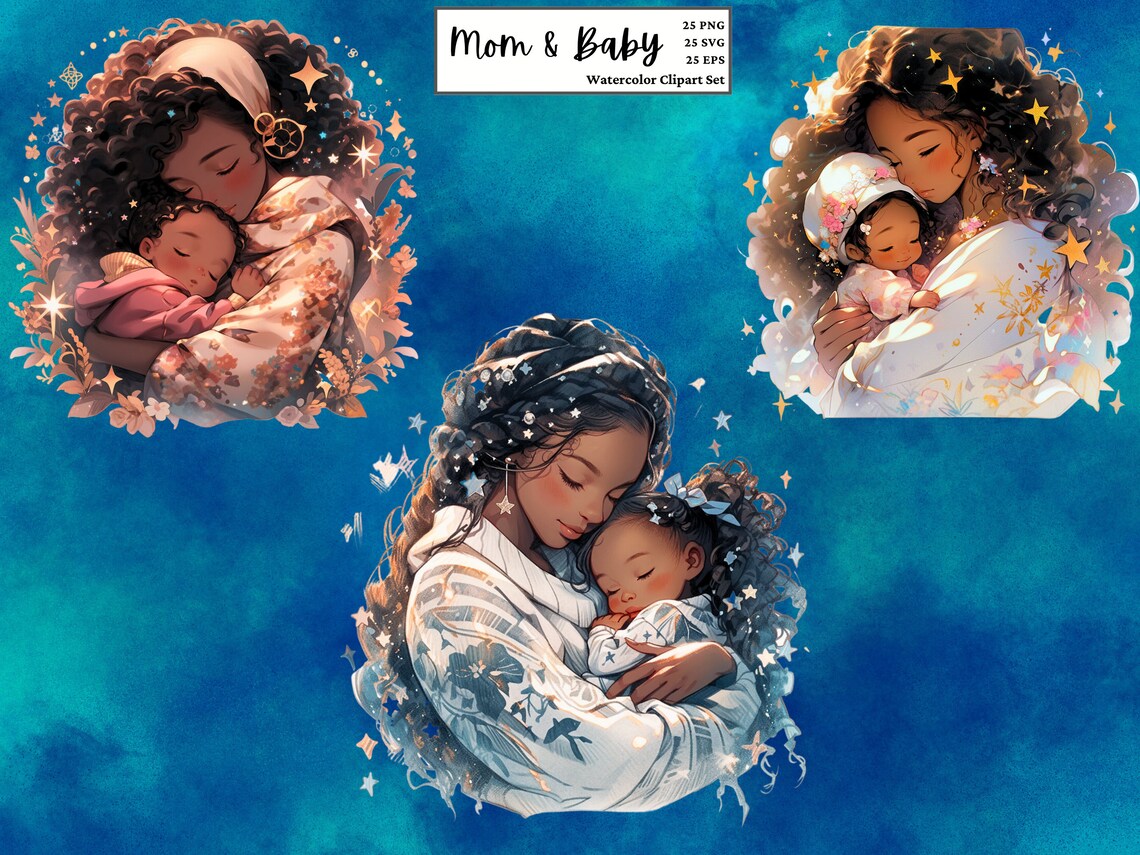 Watercolor Mom and Baby Clipart Bundle 25 Baby Shower Graphics Black ...