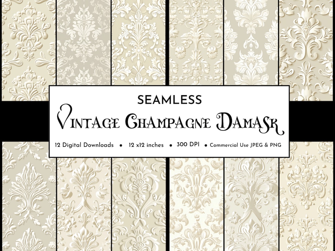 Vintage Damask Digital Paper: Ivory, Champagne, Seamless (instant ...