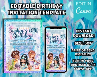 Editable Mermaid Birthday Invitation Canva Template, Sea Birthday Party ...