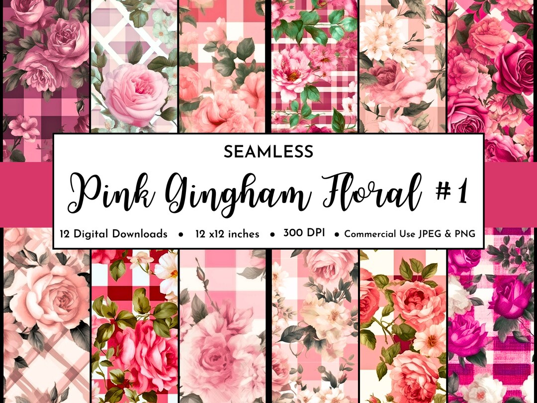 Pink Gingham Floral Digital Paper: Buffalo Plaid Rose Pattern (digital ...
