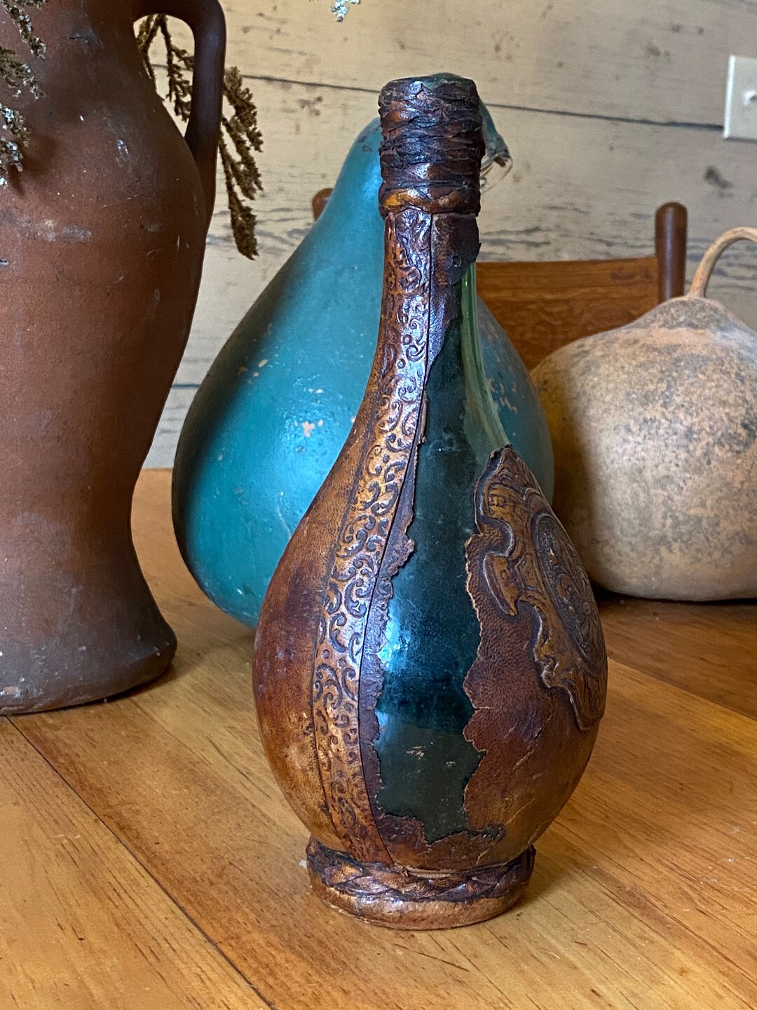 Vintage Italian Decanter Bottle Leather Wrapping Fleur De Lis Barware ...