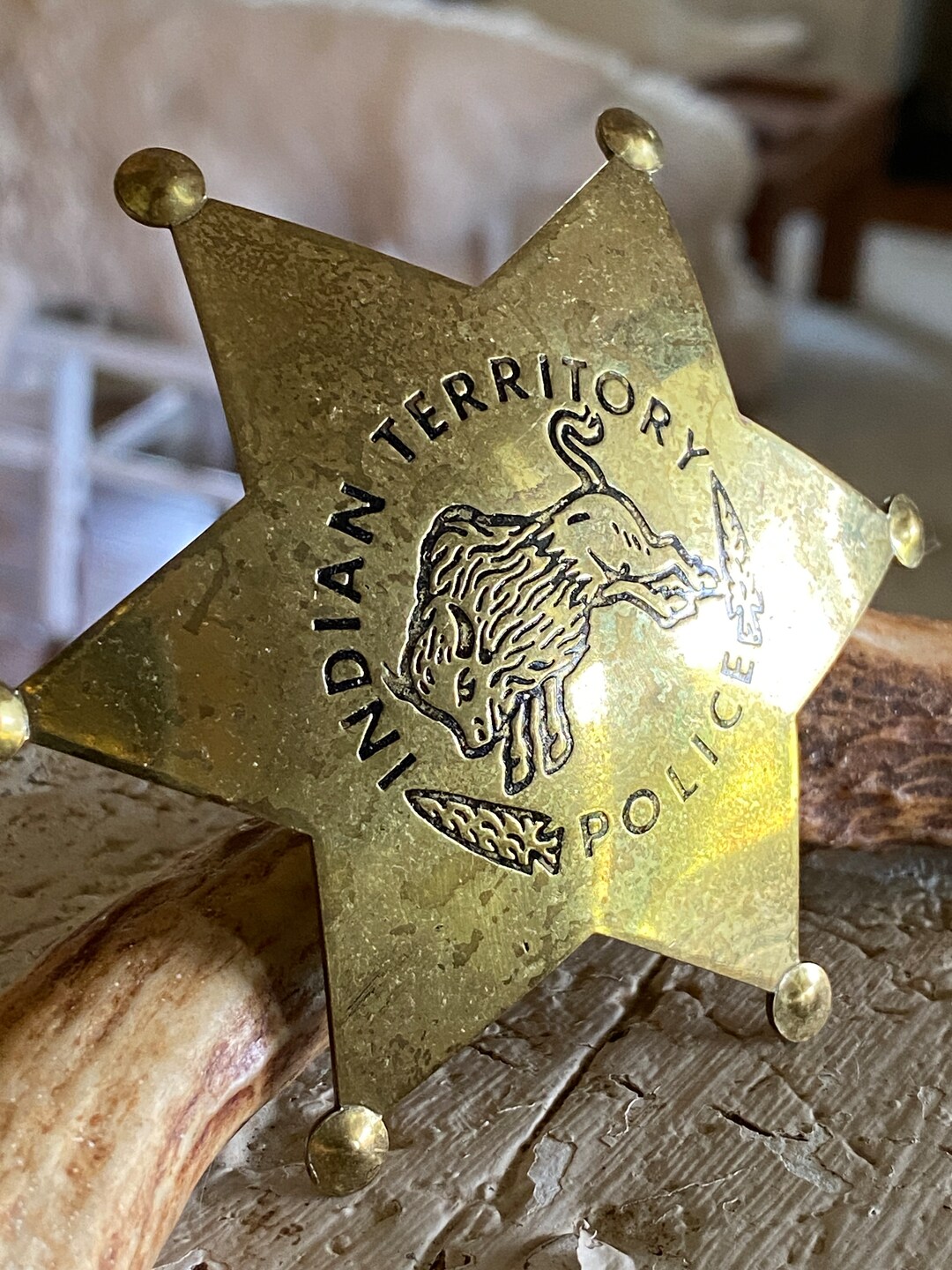 Vintage Brass Indian Territory POLICE Badge USA 1970 Original FOX ...