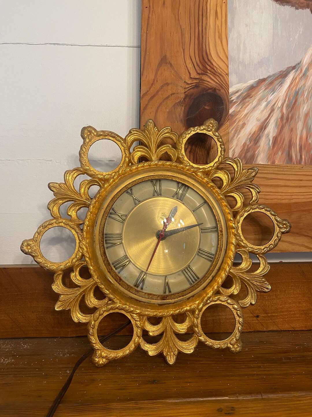 Vintage Gold Metal Wall Clock Ornate Design Electric Mid Century Clock ...