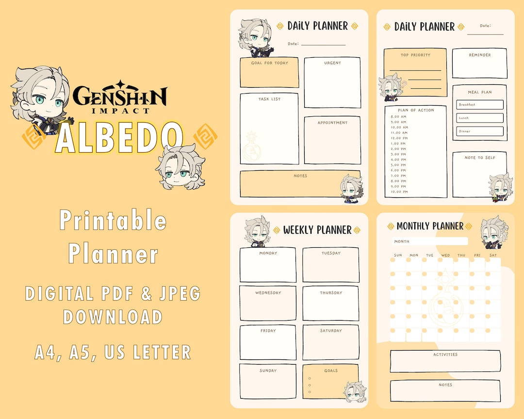Chibi Albedo Genshin Impact Printable Daily Weekly Monthly Planner ...