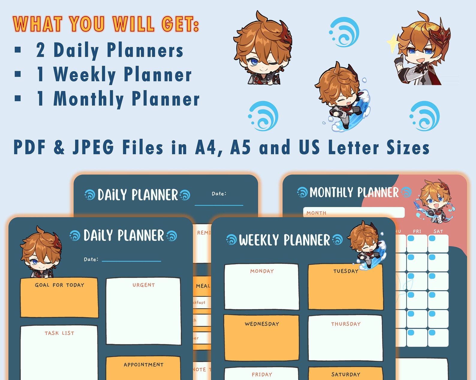 Chibi Tartaglia Genshin Impact Printable Daily Weekly Monthly Planner ...