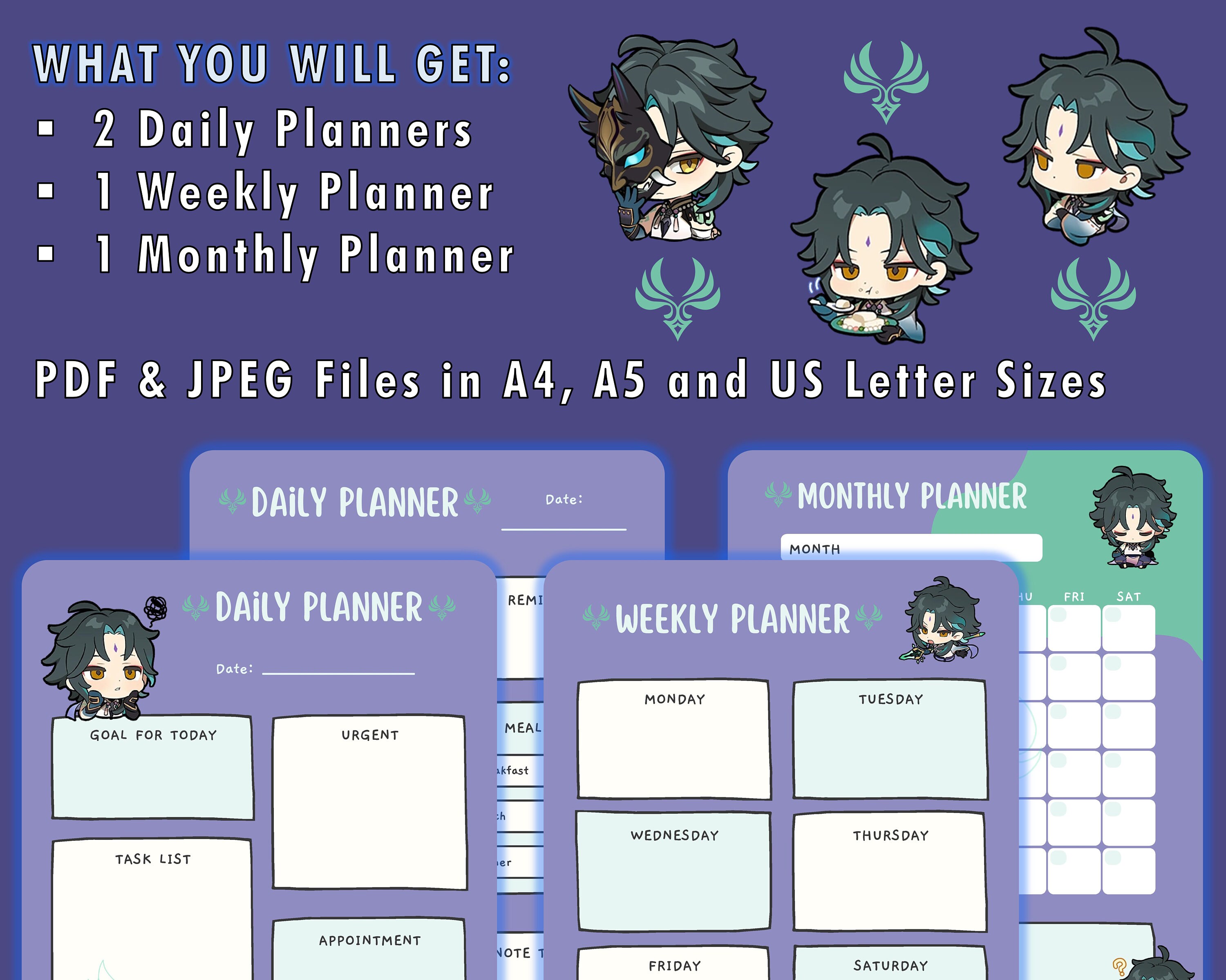 Chibi Xiao Genshin Impact Printable Daily Weekly Monthly Planner ...