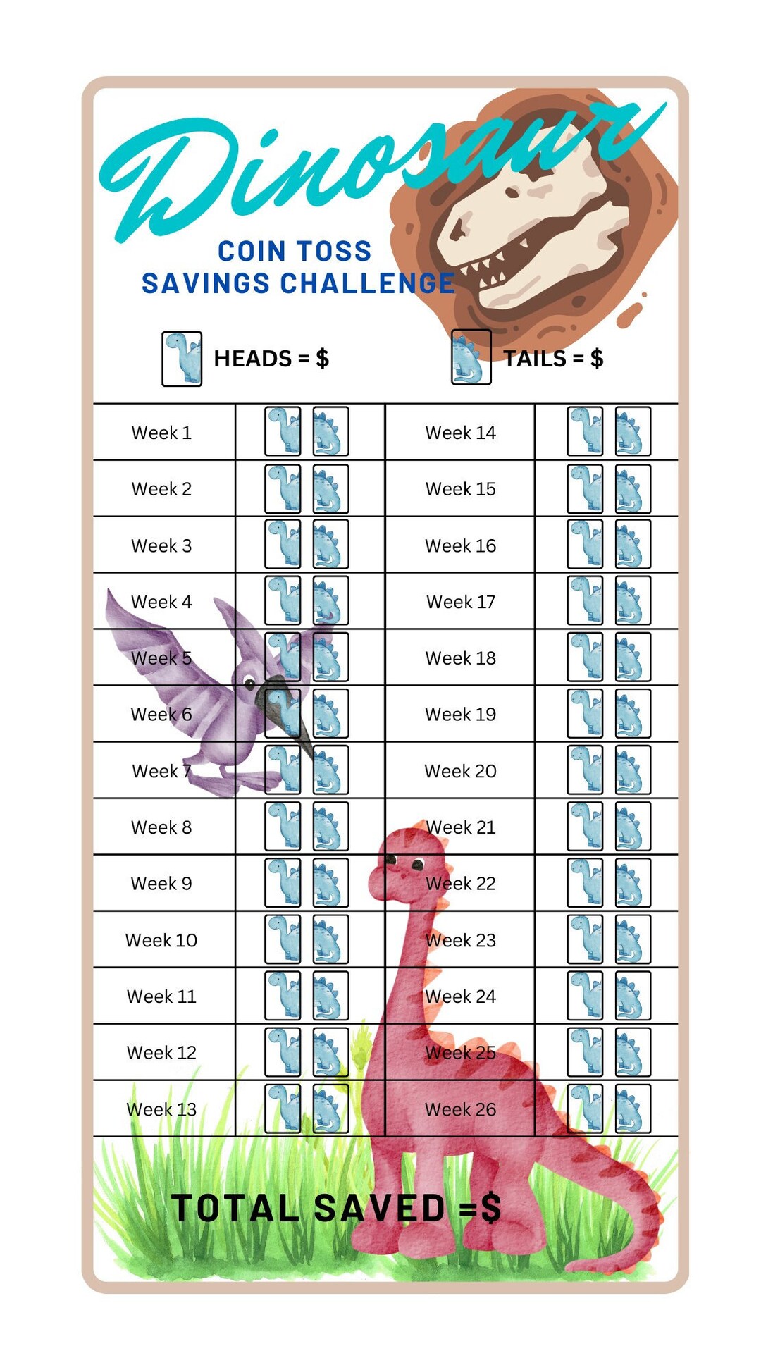 A6 Dinosaur Coin Toss Savings Challenge - Etsy