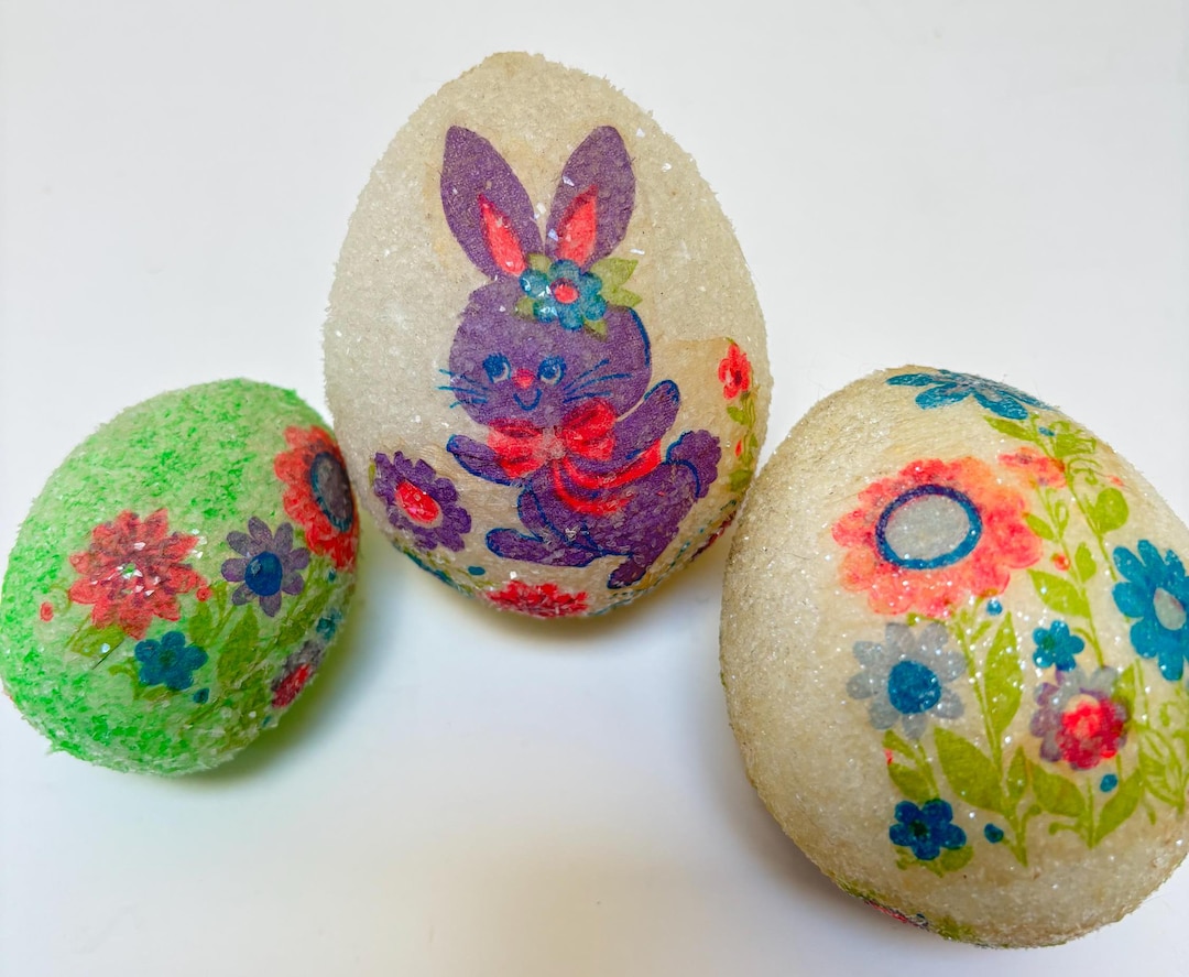 3 1970s Vintage Easter Styrofoam Handmade Decoupage Eggs With Sugar ...