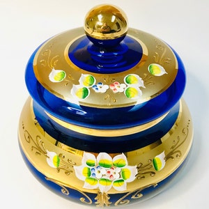 Vintage Bohemian Czech Cobalt Blue Pot With Lid and Gold Gilded Swirls ...
