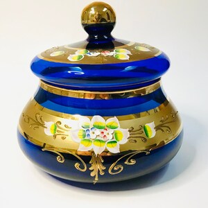 Vintage Bohemian Czech Cobalt Blue Pot With Lid and Gold Gilded Swirls ...