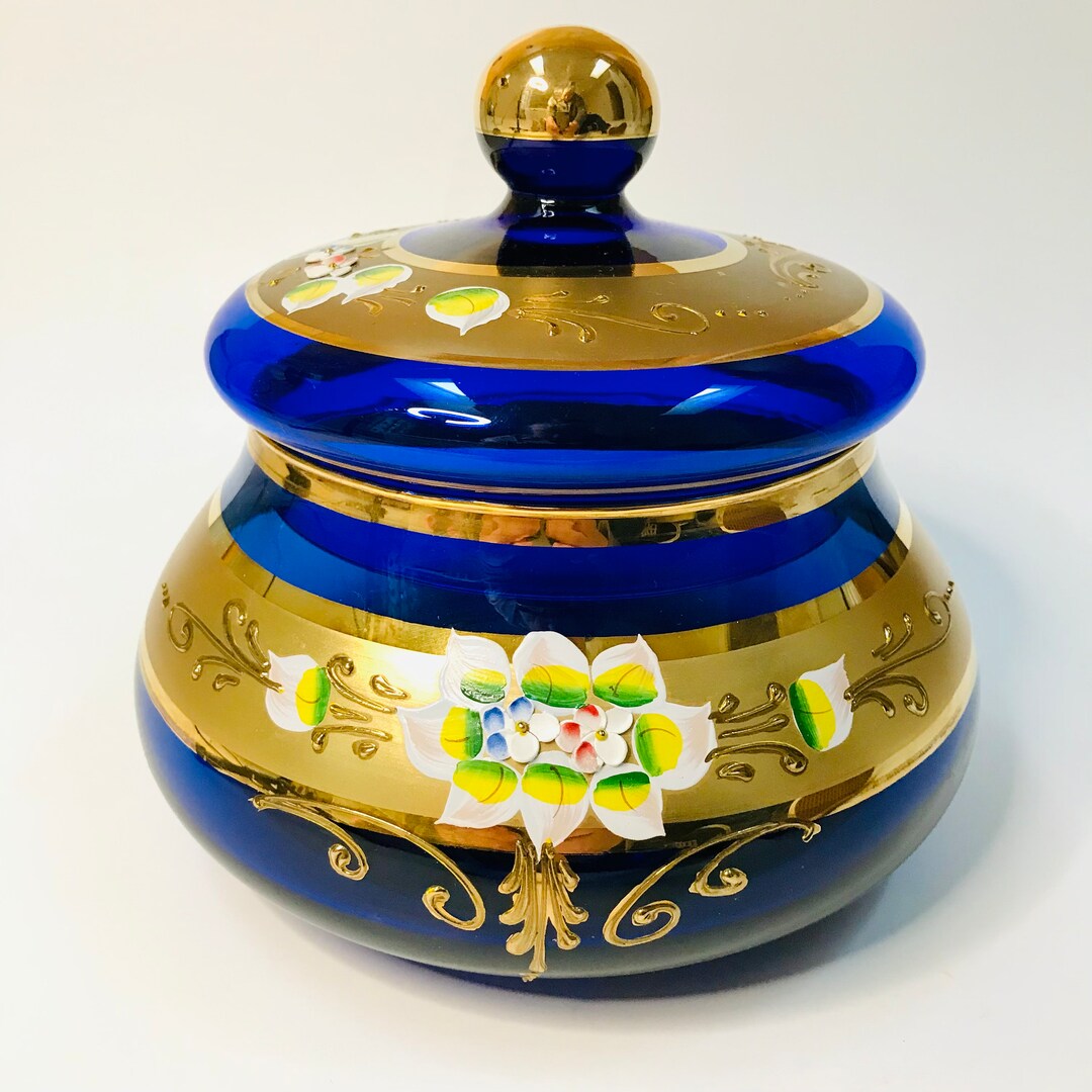 Vintage Bohemian Czech Cobalt Blue Pot With Lid and Gold Gilded Swirls ...