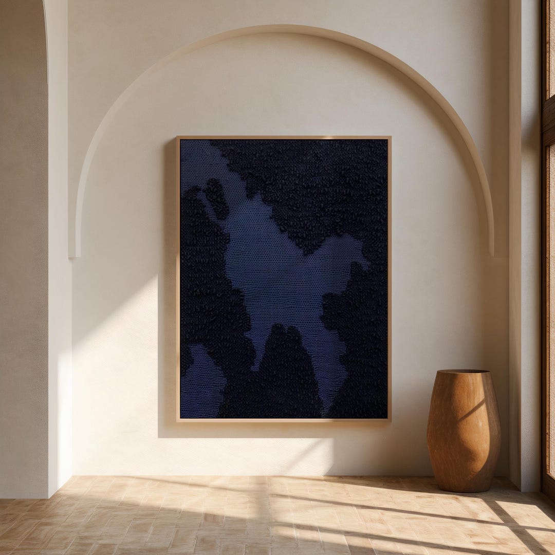 Dark Minimal Textured Map Art Print — Modern Blue & Black Abstract ...