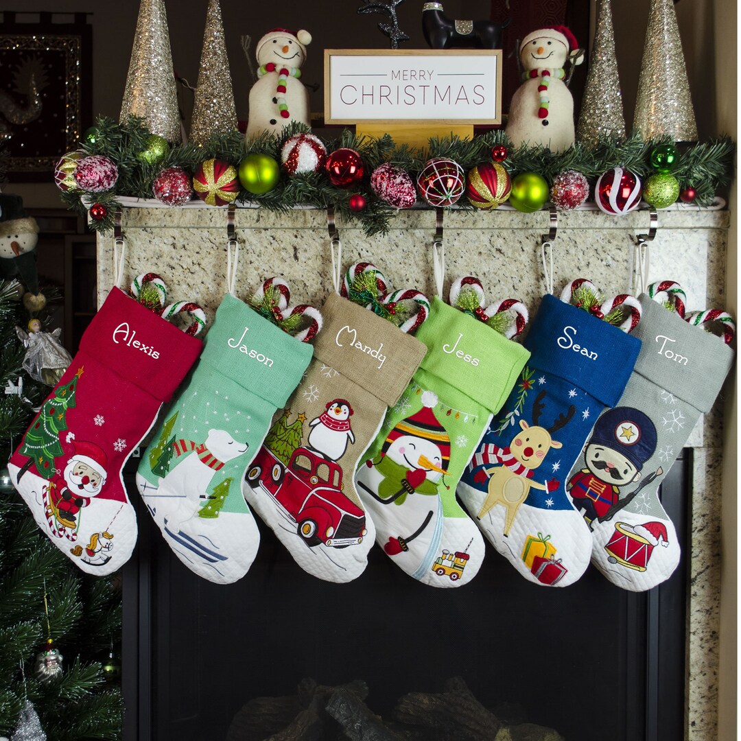 Christmas Stockings Embroidered Personalized Gift Multiple Color Burlap ...