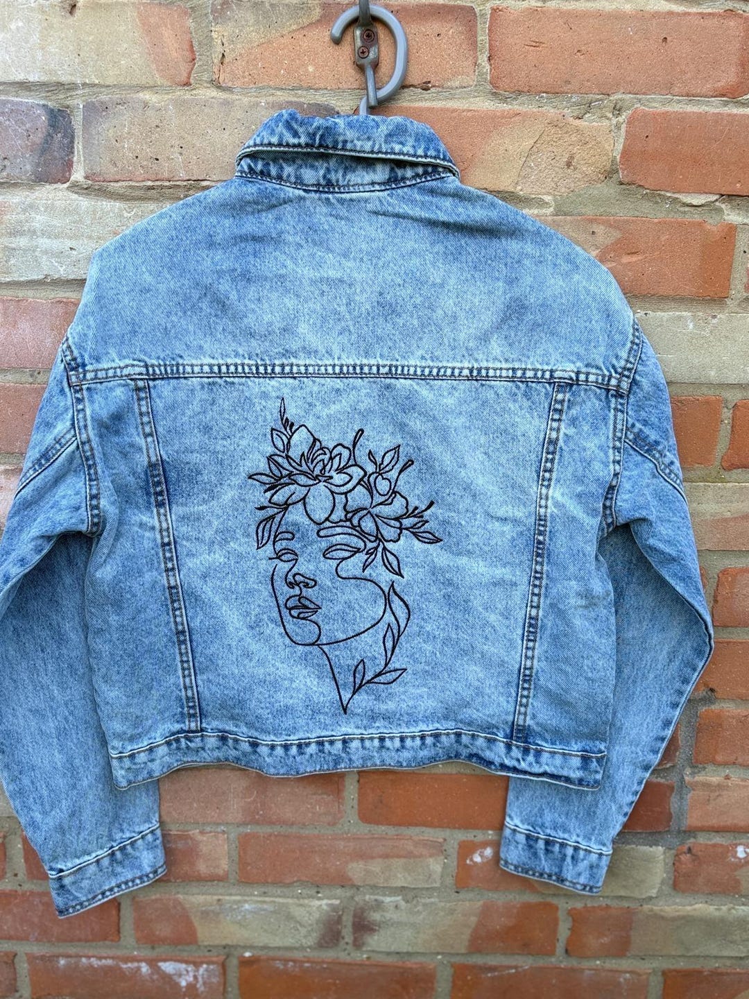 Boho Chic Black Embroidered Denim Jacket Floral Line Art Face - Etsy