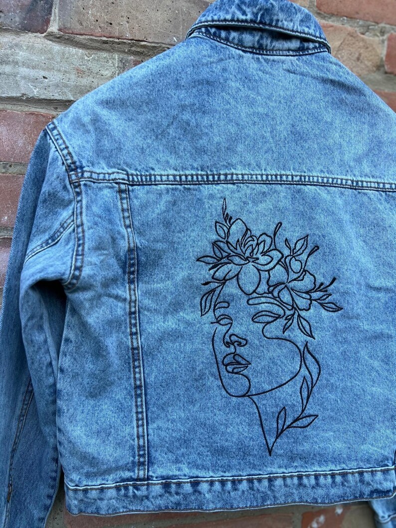 Boho Chic Black Embroidered Denim Jacket Floral Line Art Face - Etsy