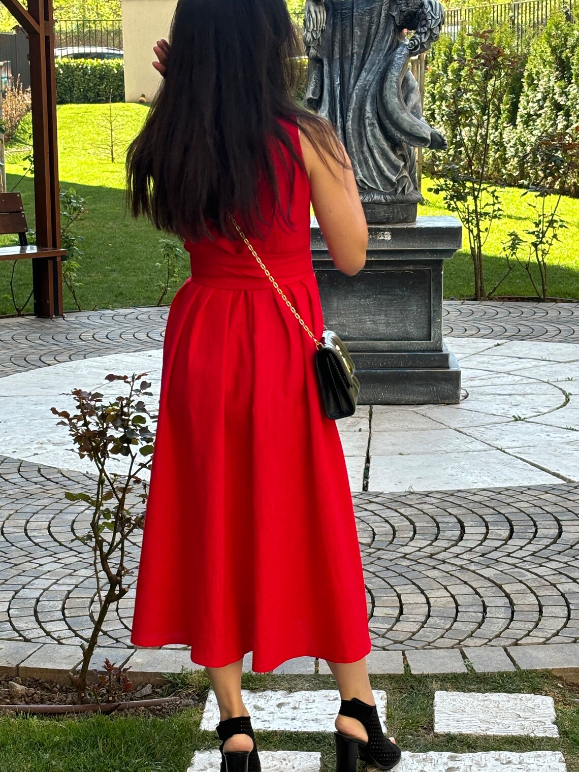 Red Dress, Deep Red Linen Dress, Summer Midi Dress, Linen Dress With ...