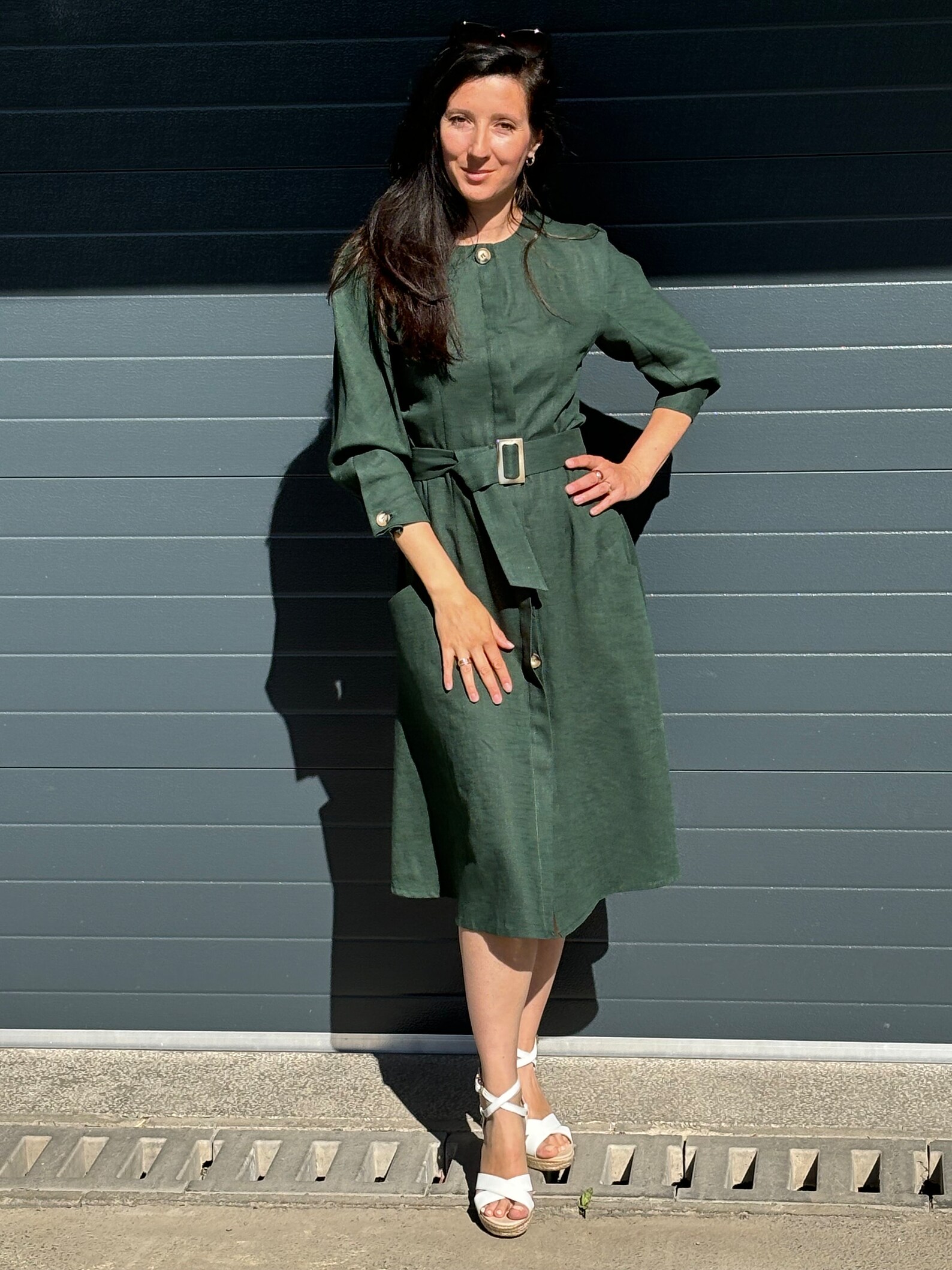 Green Dress, Deep Green Linen Dress, Summer Midi Dress, Linen Dress ...