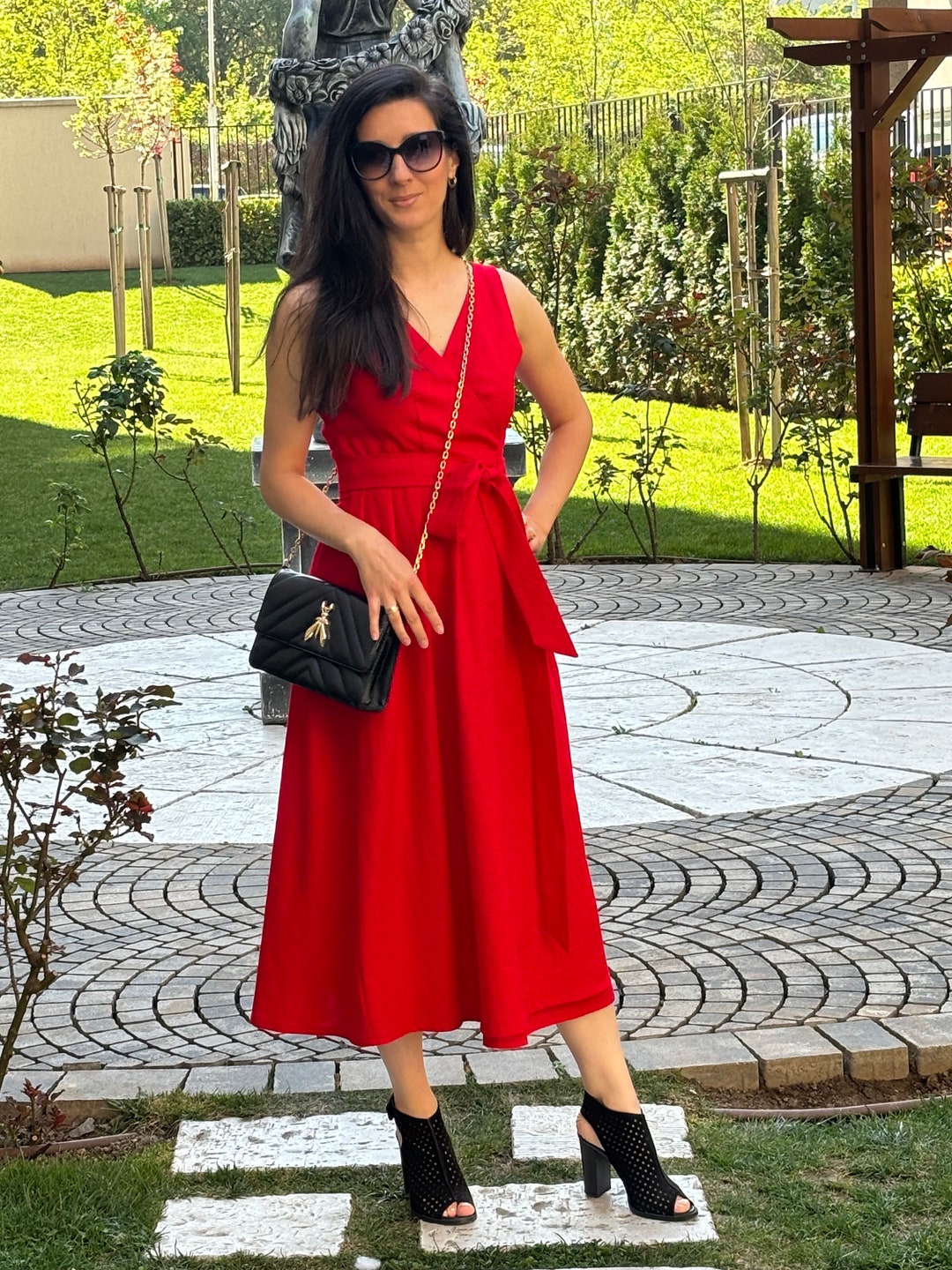 Red Dress, Deep Red Linen Dress, Summer Midi Dress, Linen Dress With ...