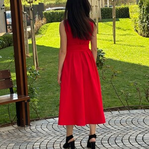 Red Dress, Deep Red Linen Dress, Summer Midi Dress, Linen Dress With ...