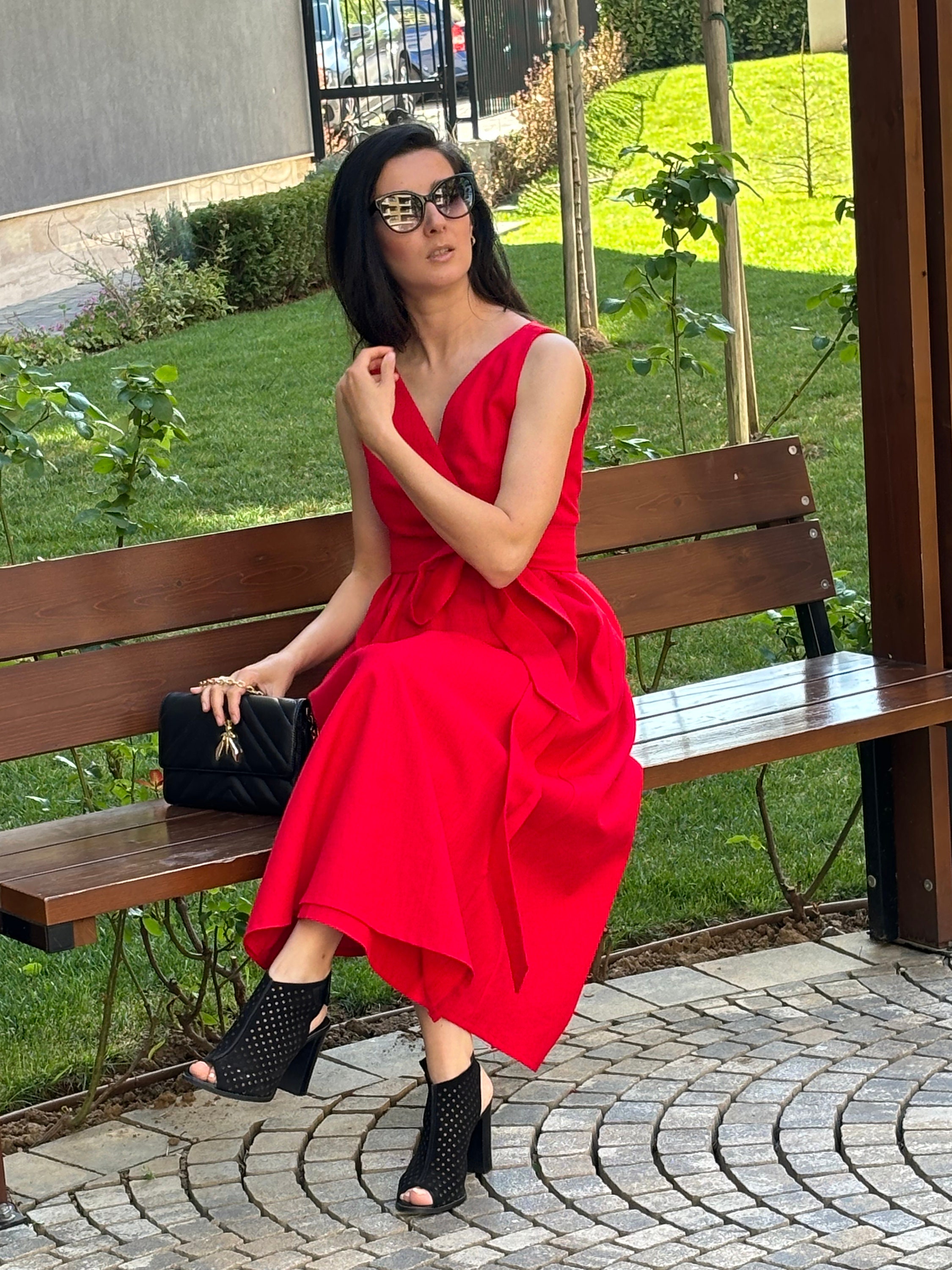 Red Dress, Deep Red Linen Dress, Summer Midi Dress, Linen Dress With ...