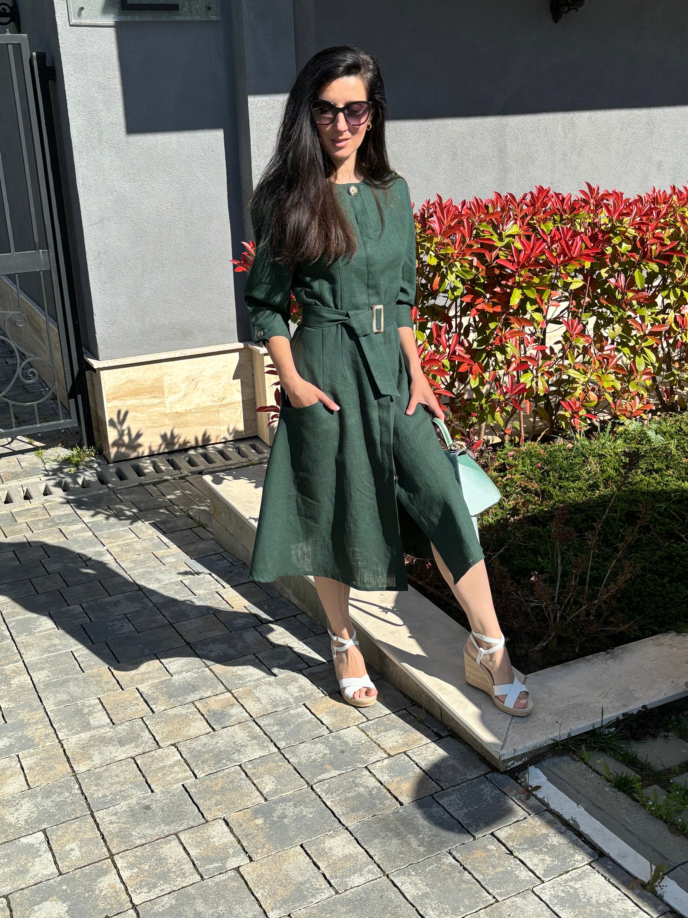 Green Dress, Deep Green Linen Dress, Summer Midi Dress, Linen Dress ...