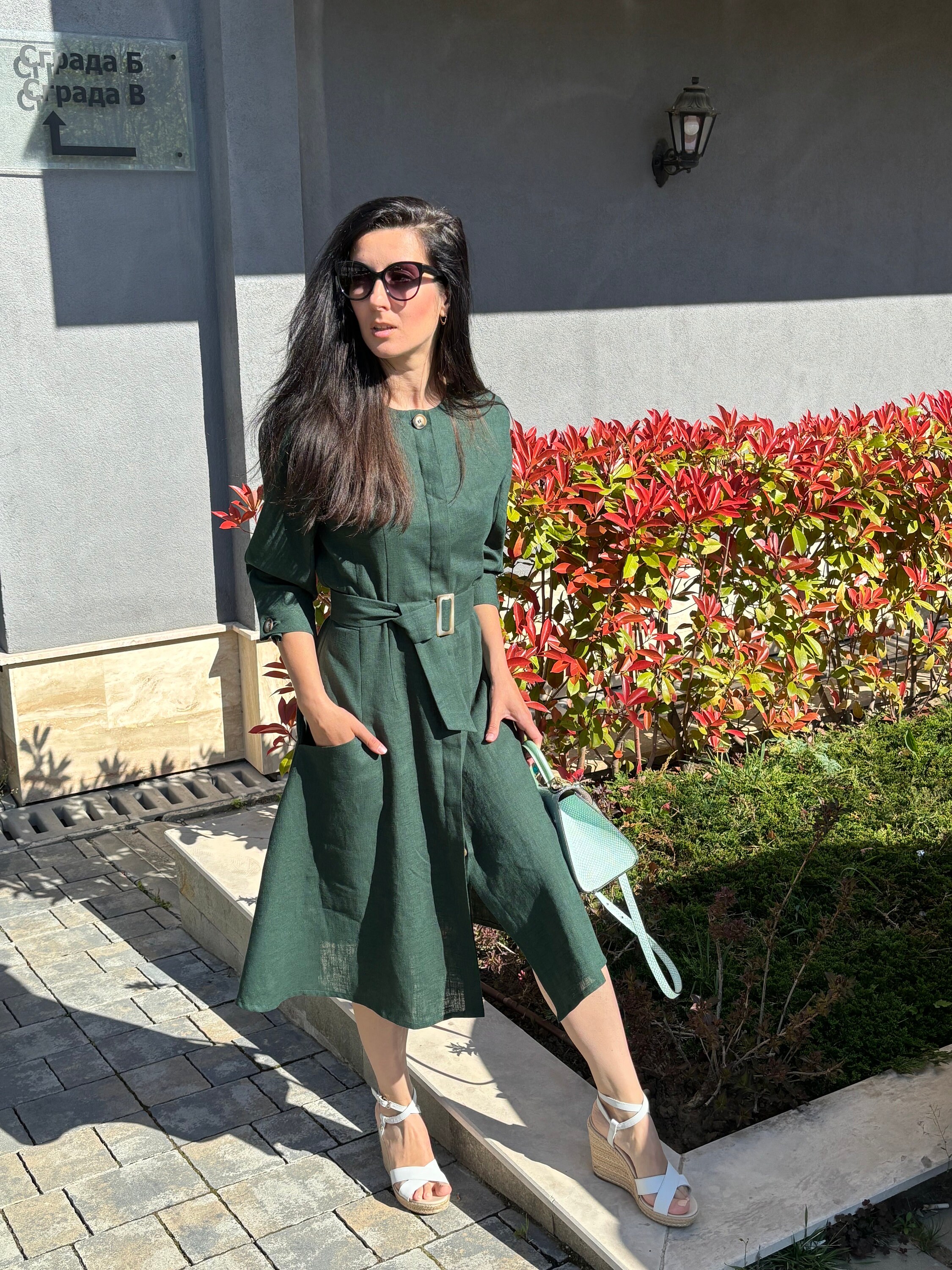 Green Dress, Deep Green Linen Dress, Summer Midi Dress, Linen Dress ...