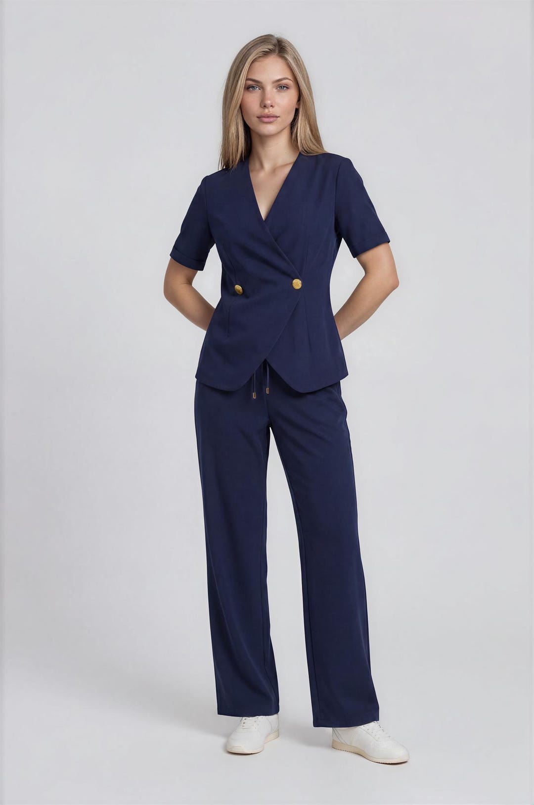 Luxury Navy SPA Uniform Set for Women – Wrap Tunic & Wide Leg Pants ...