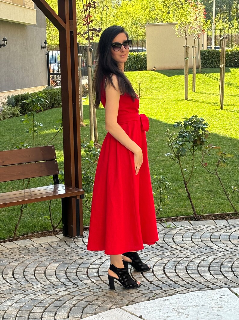 Red Dress, Deep Red Linen Dress, Summer Midi Dress, Linen Dress With ...