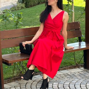 Red Dress, Deep Red Linen Dress, Summer Midi Dress, Linen Dress With ...