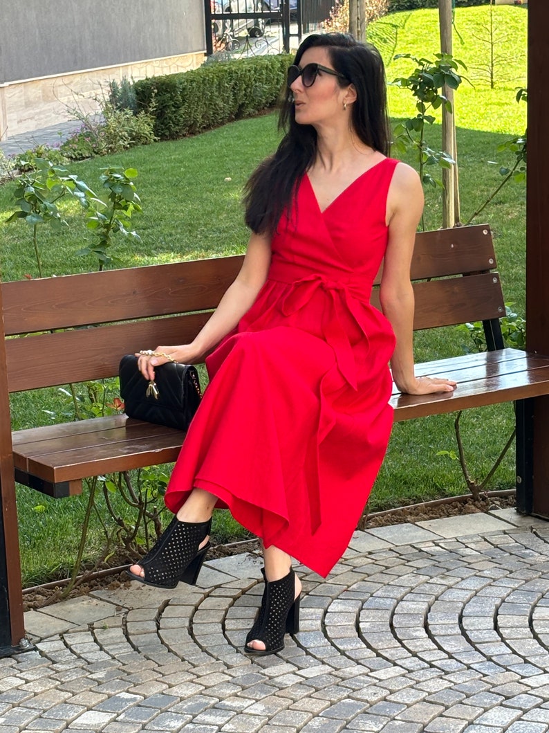 Red Dress, Deep Red Linen Dress, Summer Midi Dress, Linen Dress With ...