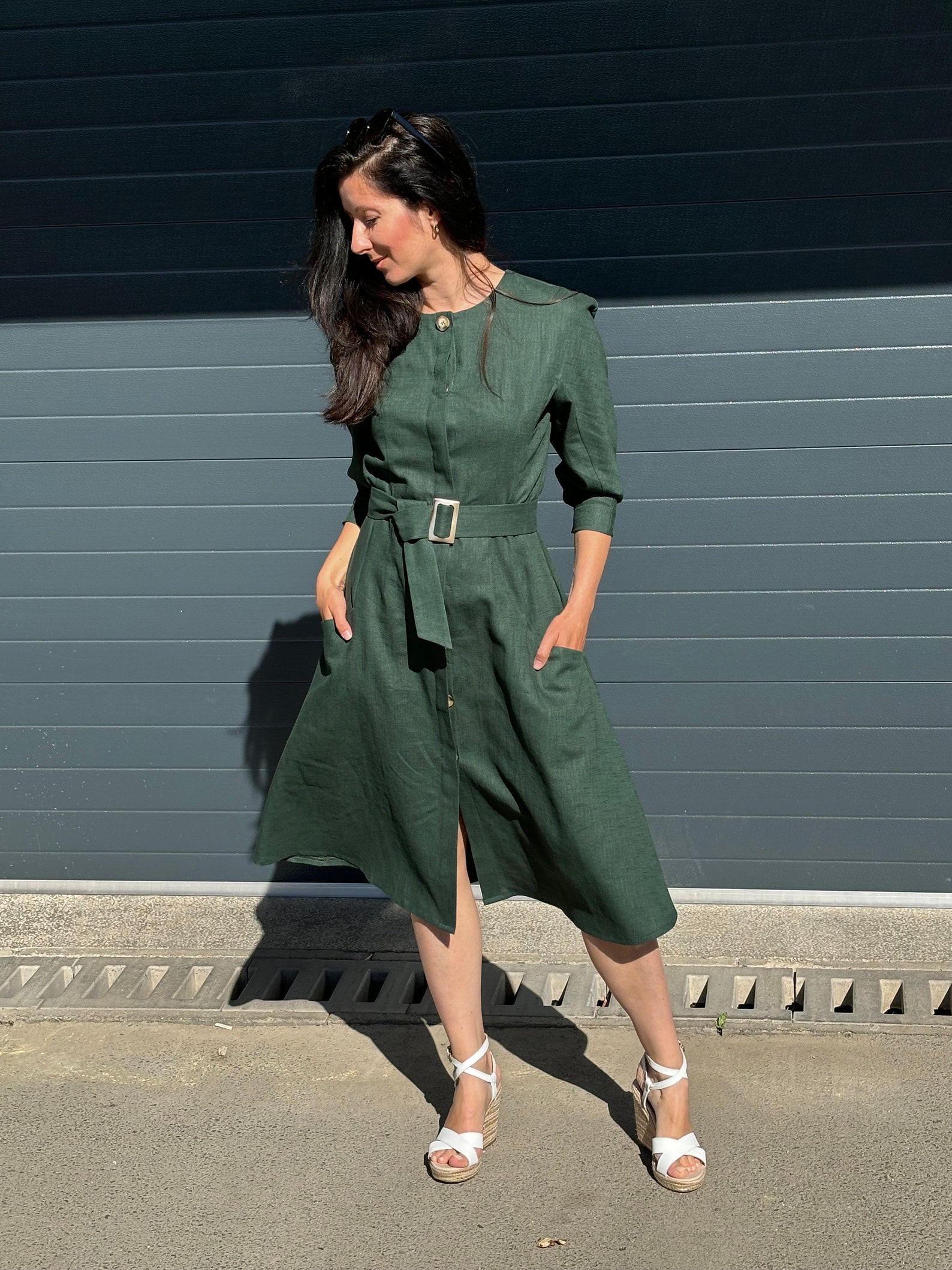 Green Dress, Deep Green Linen Dress, Summer Midi Dress, Linen Dress ...