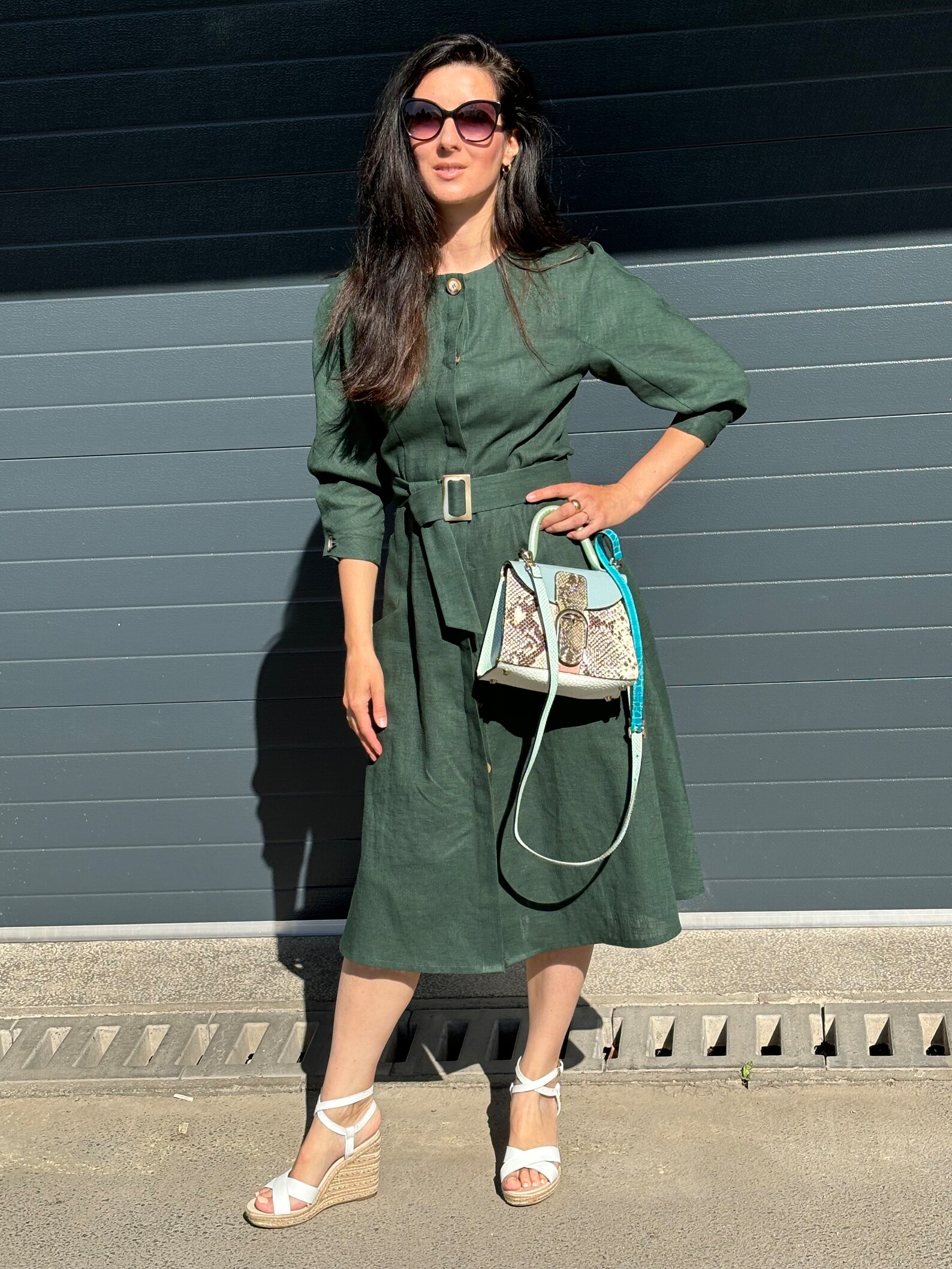 Green Dress, Deep Green Linen Dress, Summer Midi Dress, Linen Dress ...