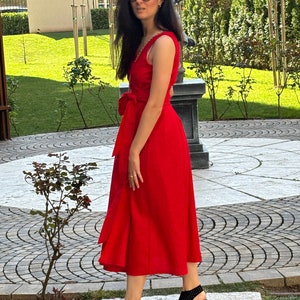Red Dress, Deep Red Linen Dress, Summer Midi Dress, Linen Dress With ...