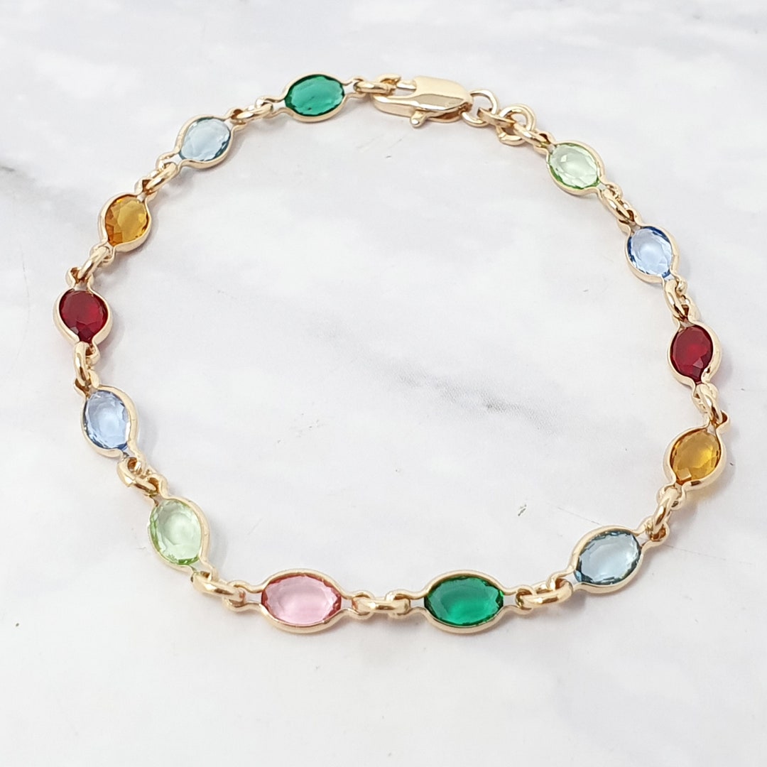 18ct Gold Plated Multi Gemstone Bracelet, Colourful Gem Stone Bracelet, Rainbow Birthstone ...