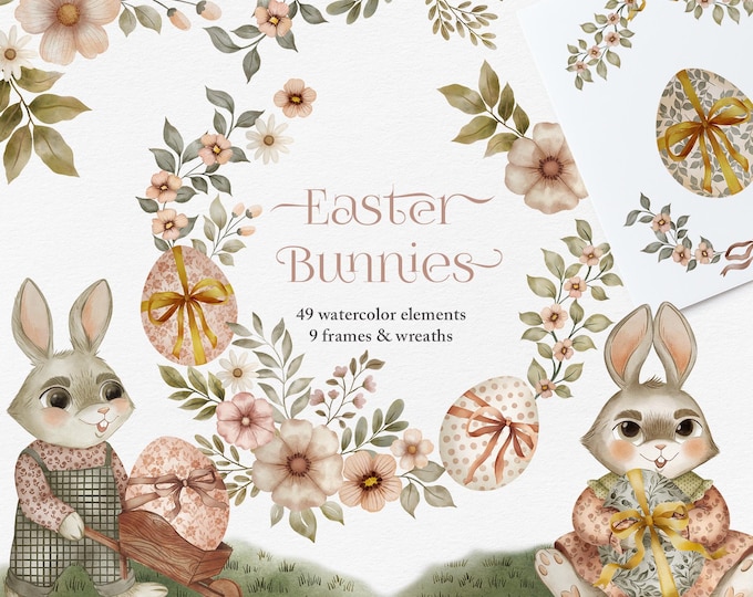 Easter Bunny Clipart Bundle 106 PNG, Spring Watercolor Rabbits, 25 ...