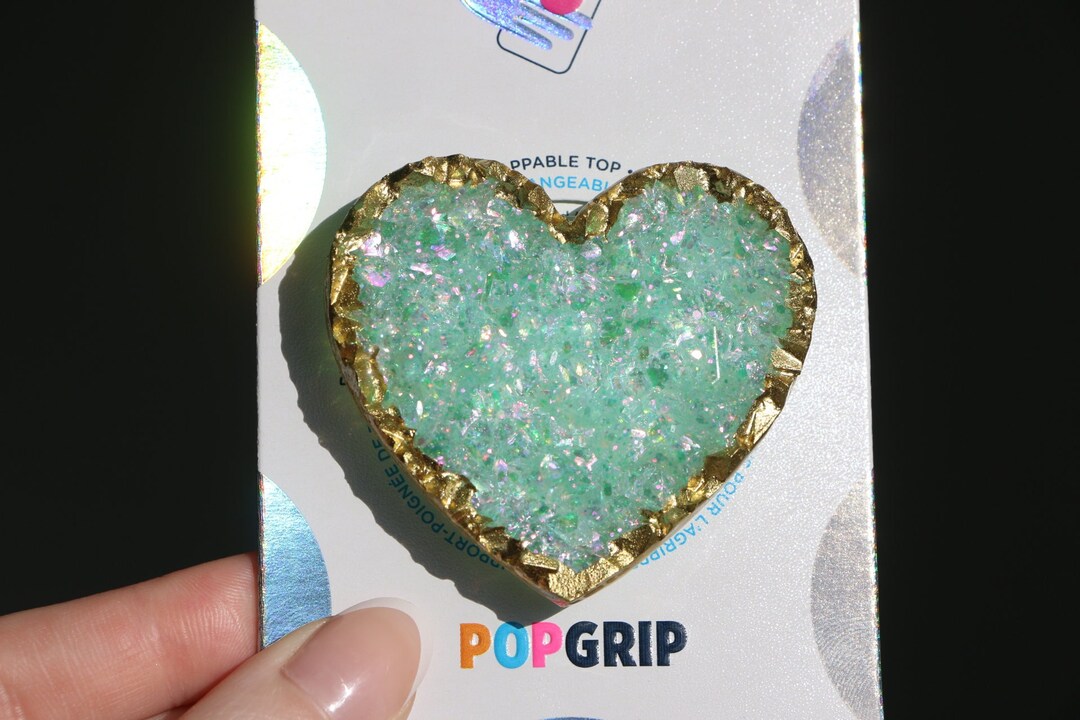 Green With Pink Iridescence Heart Geode Crystal Resin Phone Grip ...