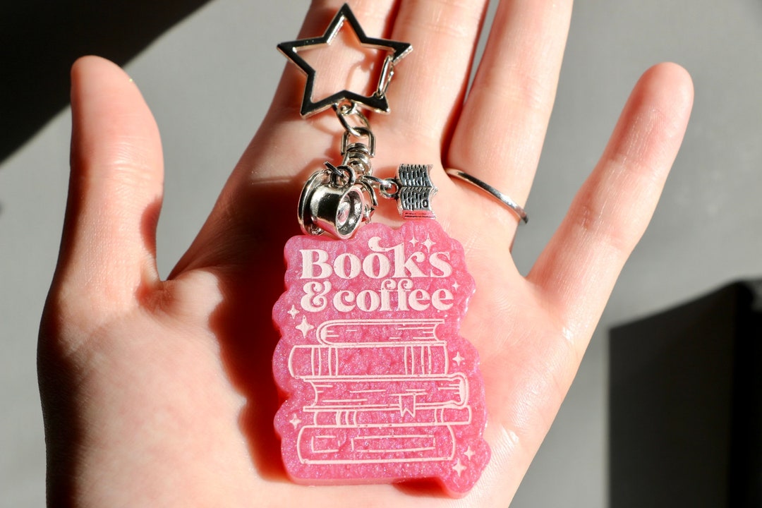 Books & Coffee Bookish Pink Pearlescent Resin Keychain | Bookish ...