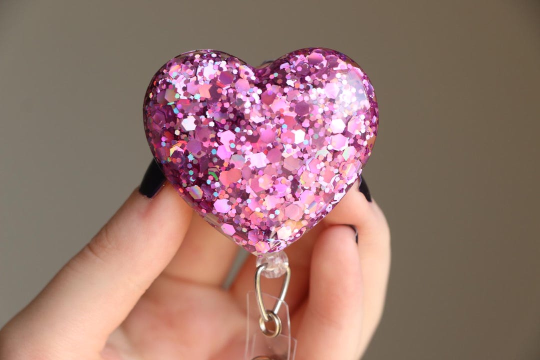 Holographic Pink Heart Sparkly Badge Reel | Glitter Badge Reel | Nurse ...